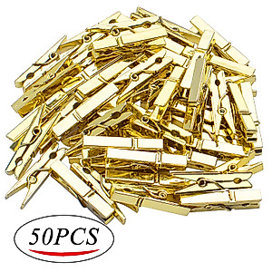 Jdesun 50 Pieces Photo Clips,Mini Plastic Picture Paper Clip Clothespins Peg for Office,Home,Arts(Gold)