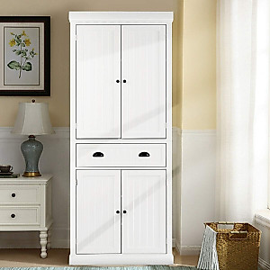 Huippy 72 inch Double Door Cupboard Freestanding Kitchen Pantry Cabinet with Four Adjustable Shelves and One Large Drawer for Kitchen Living Room Bedroom Hallway Home Office Storage (White)