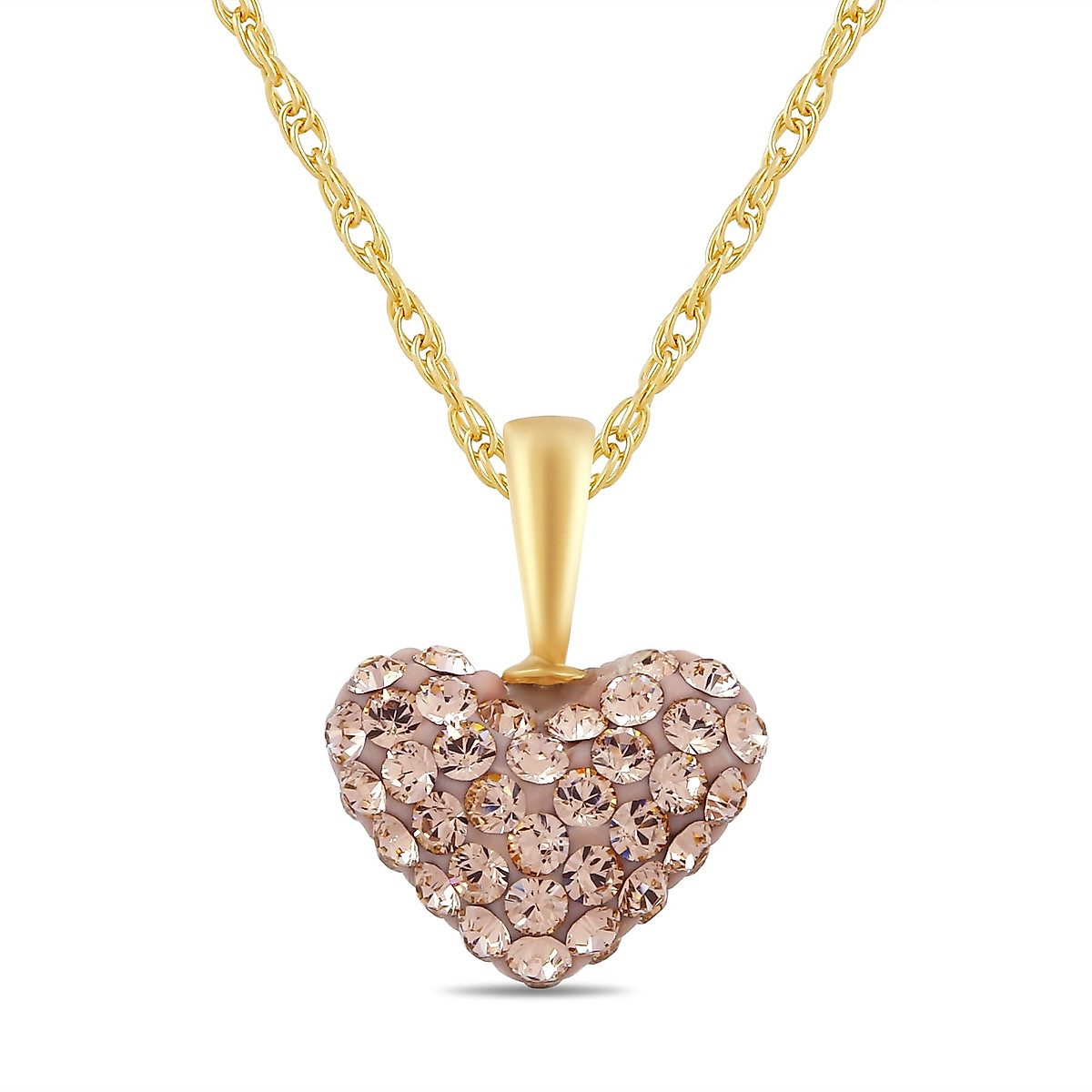Jewelili Puffed Heart Necklace Pendant 10K Yellow Gold with Light Peach Round Cubic Zirconia 18 inch 14K Gold Filled Chain