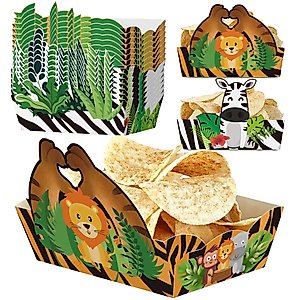 Caoekego 24 Pcs Jungle Safari Snack Trays Party Supplies，Jungle Animals Food Boats Bowl for Wild One Birthday Party Wedding Baby Shower Tropical Dinner Decorations