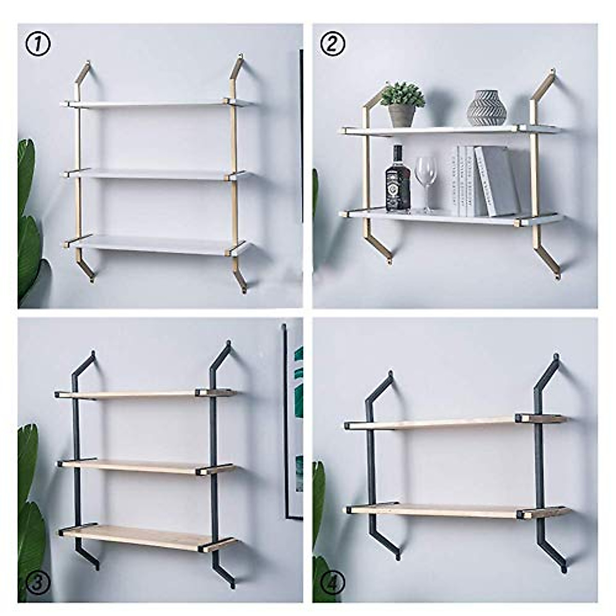 PIBM Stylish Simplicity Shelf Wall Mounted Floating Rack Shelves Simple Iron Art Solid Wood Bookshelf Living Room Bearing Strong,2 Colours,4 Sizes, Golden Border , 60x26x104cm