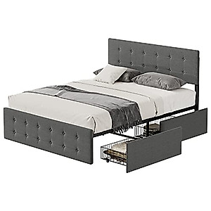 IDEALHOUSE Full Bed with Storage Drawers, Upholstered Platform Bed Frame with Headboard and Wooden Slats, Fully Upholstered Mattress Foundation, No Box Spring Needed