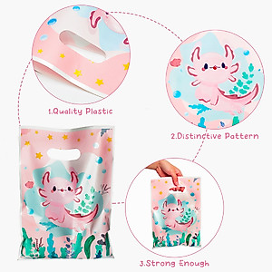3sscha 50Pcs Axolotl Party Favor Bag Amphibian Themed Waterproof Goodie Bag with Die Cut Handles Reptile Animals Water Plants Plastic Candy Gift Bags for Baby Girl Birthday Baby Shower Decors Supplies