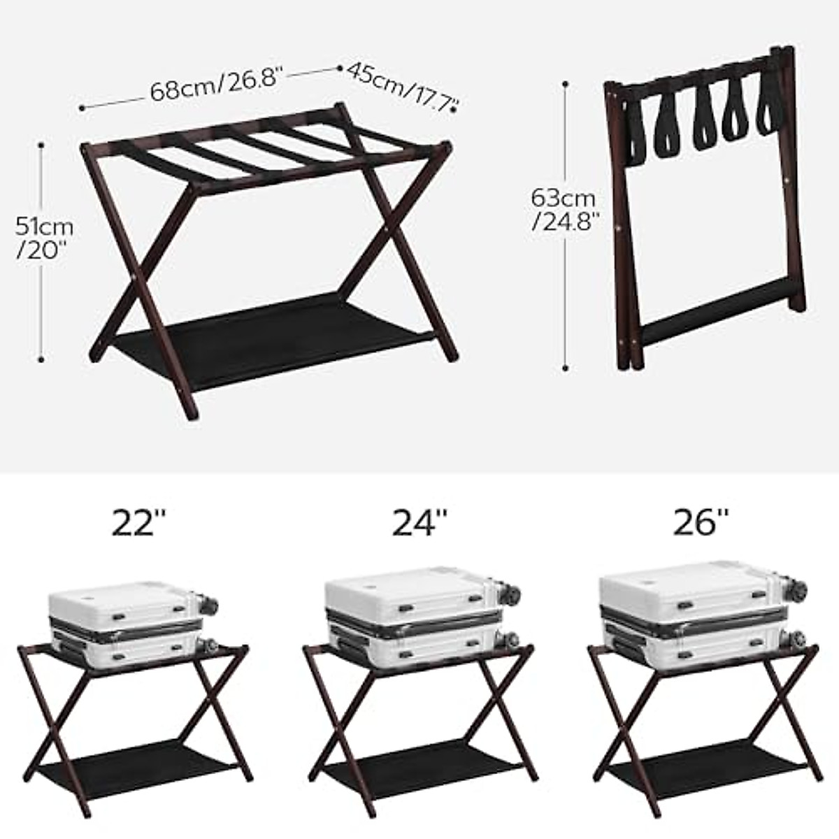 HOOBRO Luggage Rack, Folding Bamboo Suitcase Stand with Storage Shelf and Nylon Straps, 26.8" L x 17.7" W x 20" H, for Guest Room, Hotel, Bedroom, Holds up to 110 lb, Brown and Black BR07XL01