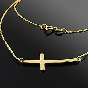 14K Yellow Gold Curved Pendant Sideways Cross Necklace with 20" Rolo Chain