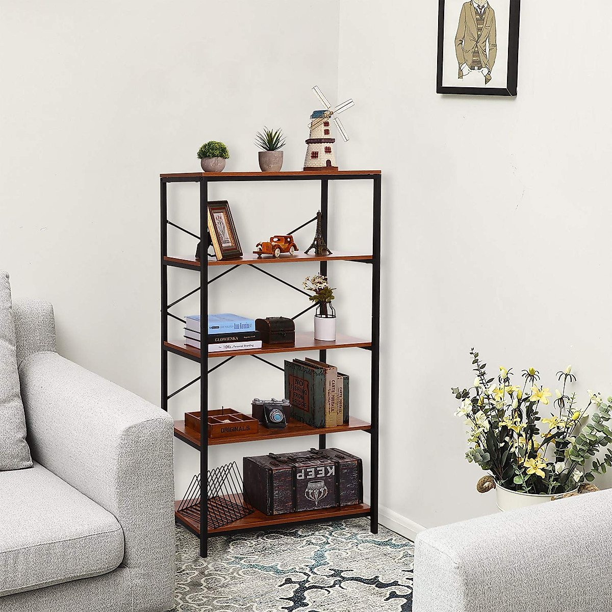 4 Shelf Bookcase, Bookshelf Industrial Style Metal and Wood Bookshelves, Open Wide Home Office Book Shelf