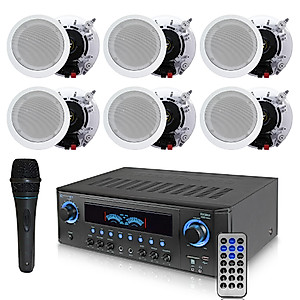 Technical Pro 1000 Watts Professional Home Theater Receiver System Kit w Portable Microphone with Digital Processing and Remote 6 Qty of 5.25” Ceiling Wall Mount Framed Speakers