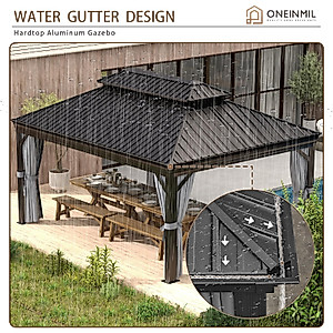 oneinmil 12x16FT Outdoor Gazebo, Heavy Duty Metal Double Roof Hardtop Gazebo with Aluminum Frame and Netting and Curtains for Patios
