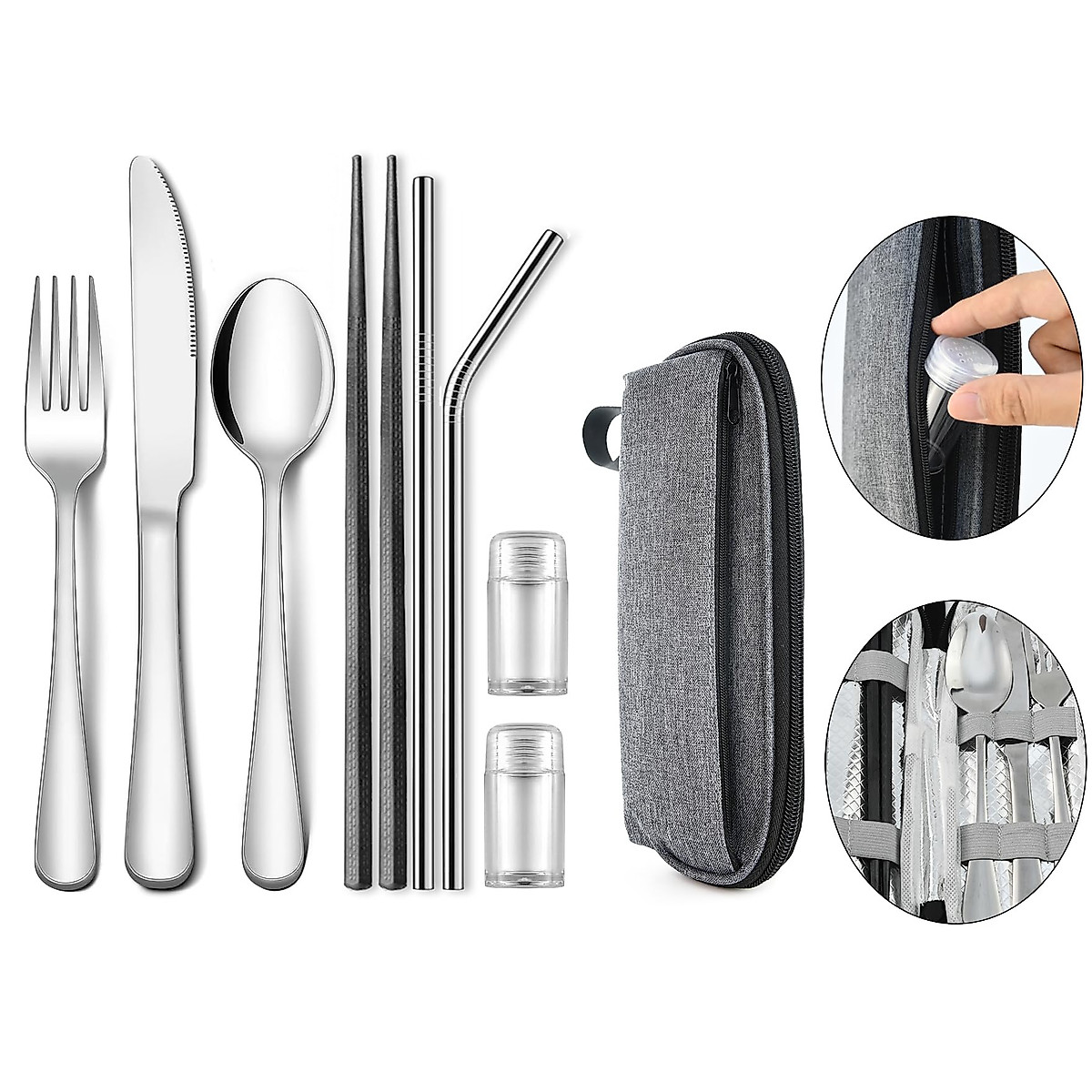 IFERRENS Travel Utensils Set with Splash-poof Bag, Portable Cutlery for Work, Reusable Camping Silverware Utensil, 18/0 Stainless Steel Flatware for Adult Lunch Picnic Hiking EDC Gadgets Lunch Box