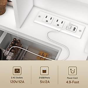 FIONESO Vanity Desk, Makeup Vanity with Glass Tabletop & Power Outlet, Vanity Desk with Mirror and Lights, Makeup Vanity Desk with 4 Drawers & 6 Shelves, Vanity Set for Bedroom, White