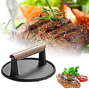 Burger Press Round 7 Inches Heavy Cast Iron Bacon Press with Solid Wood Handle for Kitchen & Commercial Gradee - Pre Seasoned Sandwich & Grill Press - Quesadillas, Hamburgers & Steaks