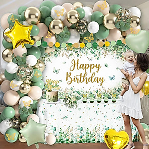 Sage Green Birthday Party Decoration Green Birthday Party Supplies for Boys Girls Happy Birthday Backdrop Tablecloth Balloon Arch Butterfly Stickers for Women Adult Birthday Decor Neutral Baby Shower