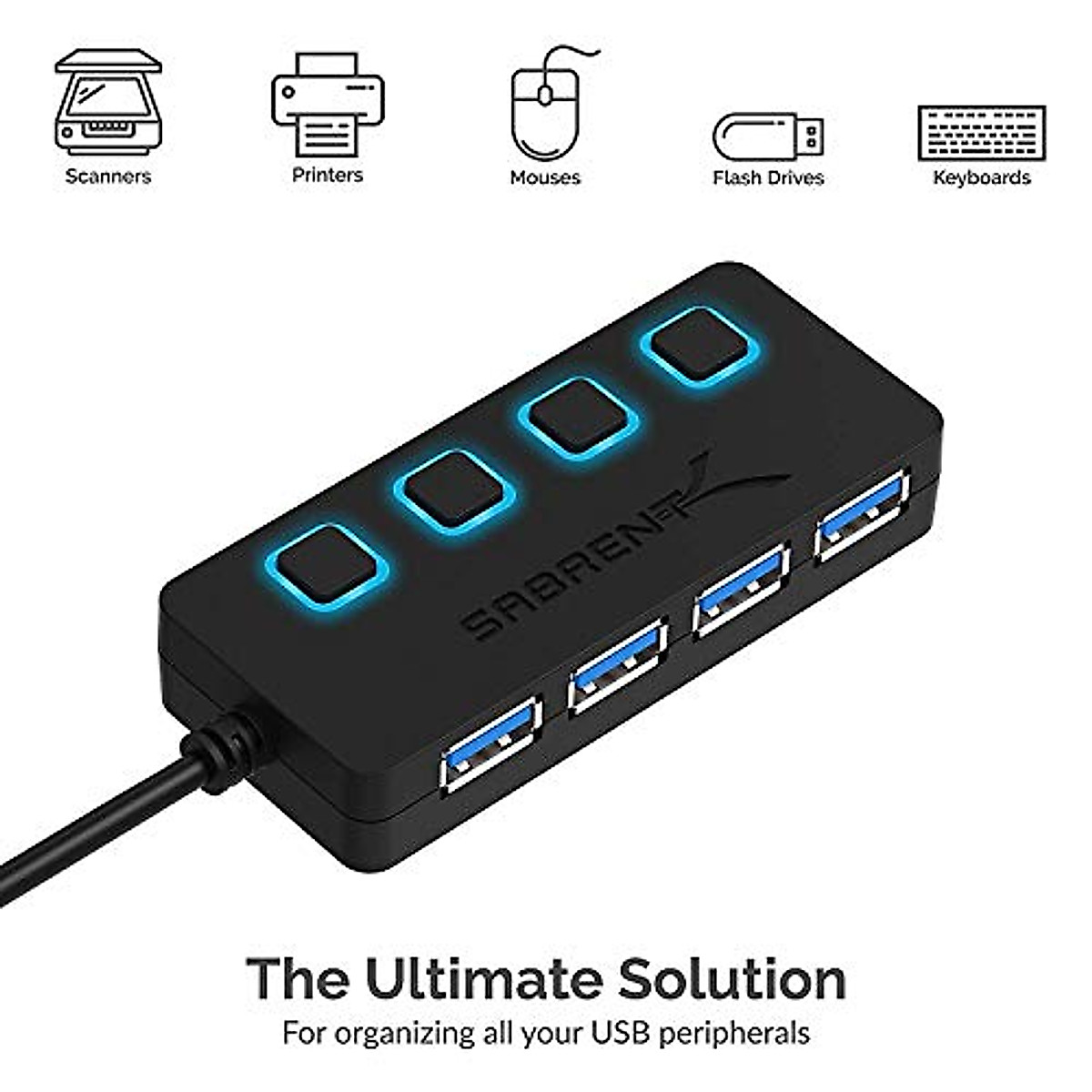 SABRENT 4 Port USB 3.0 Hub with Individual LED Lit Power Switches, Includes 5V/2.5A Power Adapter (HB-UMP3)