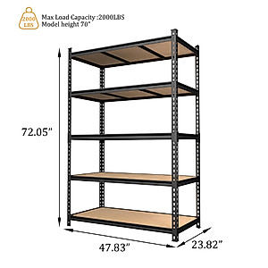 MUPATER 48''W Metal Storage Shelves, 5 Tier Shelves and Adjustable Shelves, Garage Shelving Unit, Standing Utility Shelf Racks for Pantry Warehouse Kitchen, 47.83" W x 23.82" D x 72.05" H