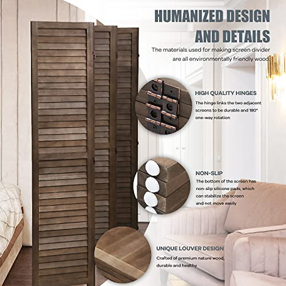 Room Divider 6 Panels, 5.75FT Wooden Room Divider Wall Folding Privacy Screens Freestanding Partition for Home Office Bedroom