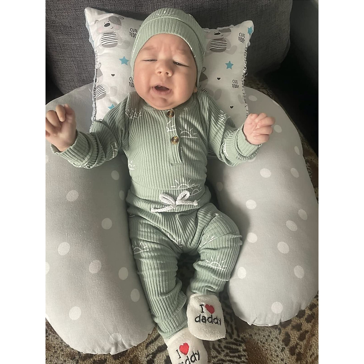 Infant Baby Boy Clothes Ribbed Knitted Sun Print Long Sleeve Romper Tops + Pants + Hat 3 Pcs Outfits (3-6 Months) Light Green