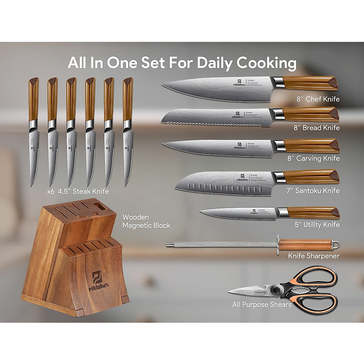 Kitchen Knife Sets With Block, Piklohas 15 Pieces Knife Sets With Magnetic Detachable Knife Holder, High Carbon Steel Damascus Pattern Chef Knife Set With Steak Knives, Ideal For House Warming Gift