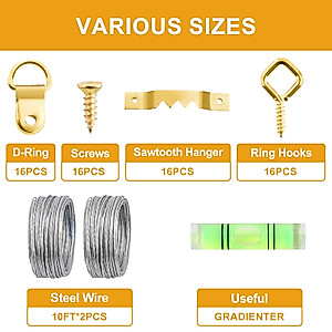 KURUI 303Pcs Picture Hanging Kit, Picture Hangers Assorted Kit With Heavy Duty Wall Hooks, Sawtooth, Picture Wire, D Rings, Hardware Nails, Eye Hooks and Picture Hanging Tool for Frame Canvas Mounting