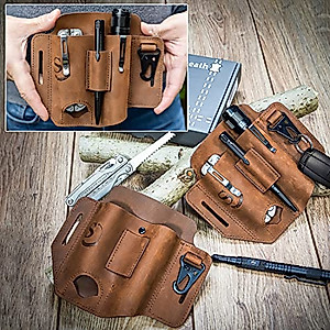 SELEWORK TH21 Multitool Belt Sheath, EDC Leather Belt Organizer, Double Stitch,Triple Strap, Belt Holder for Tactical Flashlight, Pen and Keychain Clip with Pouch, Leatherman Tool Holster Gift for Men