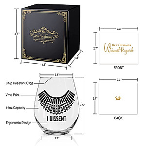 Perfectinsoy RBG I Dissent Wine Glass with Gift Box, Funny & Humorous Feminist Gifts for RBG Fan, Women, Sisters, Mothers, Boss, Colleagues, Unique Patriotic Glassware Celebrating Women’s Rights