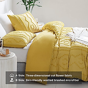 WARMDERN Boho Duvet Cover Set, Tufted Bedding Duvet Covers Soft Washed Microfiber Duvet Cover King Size, 3 Pieces Embroidery Shabby Chic Duvet Cover with Zipper Closure(Yellow, King)
