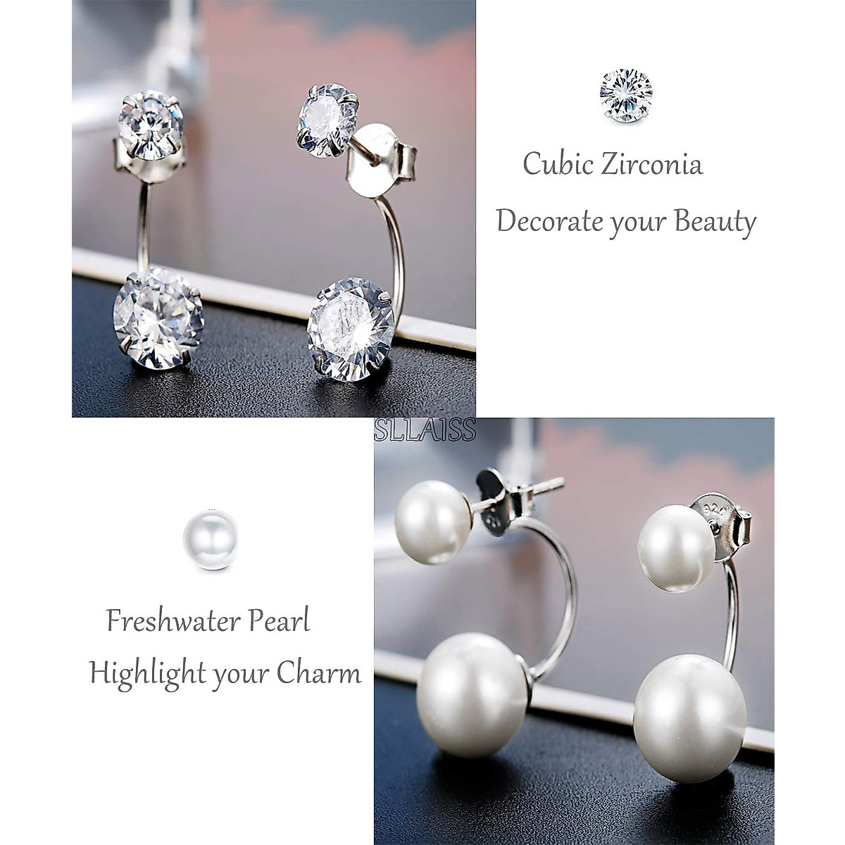Sllaiss 2 Pairs Sterling Silver Double Ball Ear Jacket Earrings Set Cubic Zirconia Round Pearl Jewelry for Women (Silver)