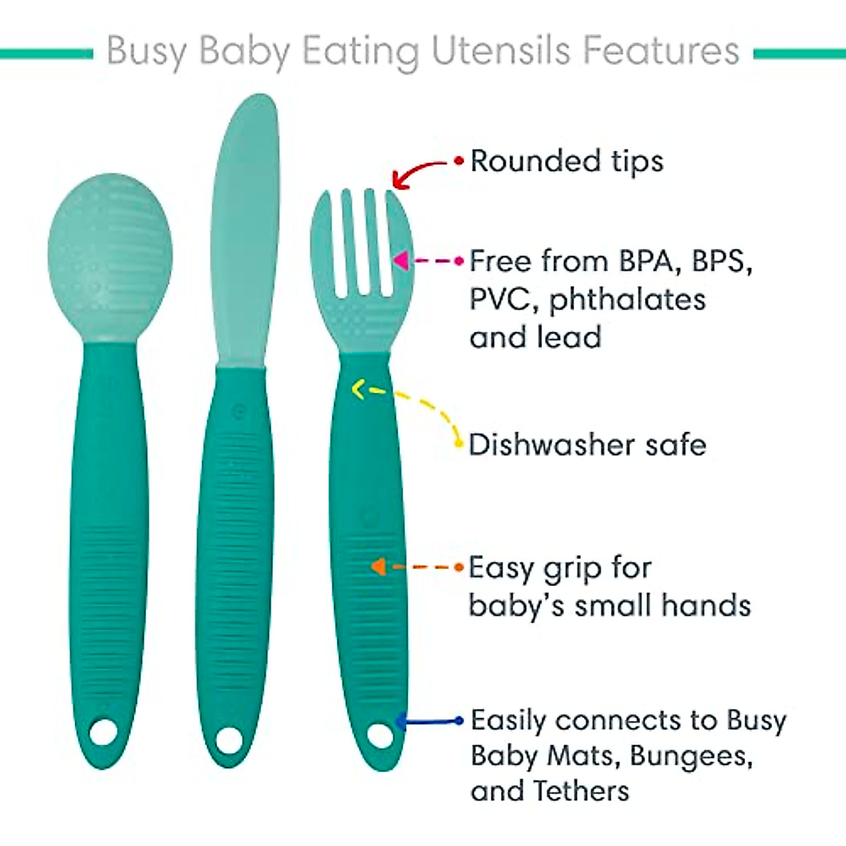 BUSY BABY Eating Utensils for Babies & Toddlers | Fork, Spoon, & Knife | Food-Grade Silicone & Tritan Plastic | Dishwasher Safe, BPA Free (Spearmint)