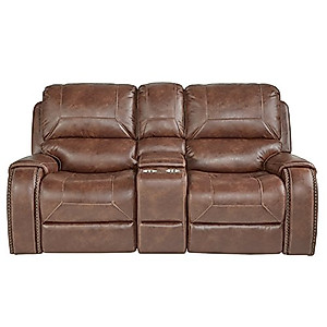 Roundhill Furniture Achern Brown Leather-Air Nailhead Manual Reclining Loveseat with Storage Console