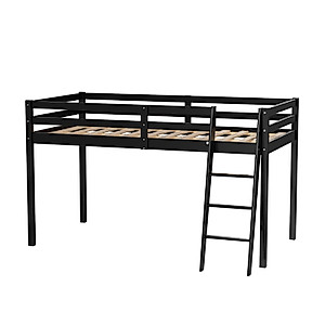 Bonnlo Low Loft Bed Twin Size with Inclined Stairs, Junior Loft Bed with High Guard Rail for Kids/Young Teens/Adults, Solid Wood Low Bunk Bed Twin Size Black, No Box Spring Required
