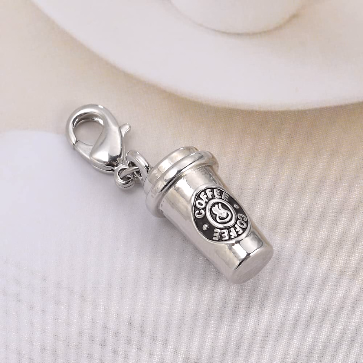 TEAMER Trendy Rhodium Plated 3D Coffee Cup Floating Lobster Clasp Charm Jewelry for Coffee Lovers (Silver - Coffee Cup)