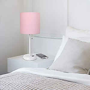 Limelights LT2044-POW Stick USB Charging Port and Fabric Shade Table Lamp, White/Light Pink,8.5 x 8.5 x 19.5