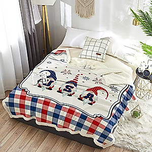 Sherpa Fleece Throw Blanket Independence Day Gnome USA Flag Reversible Warm Cozy Throws, Blue Red White Buffalo Lattice Super Soft Plush Bed TV Movie Blankets for Living Room Couch/Sofa/Travel/Office