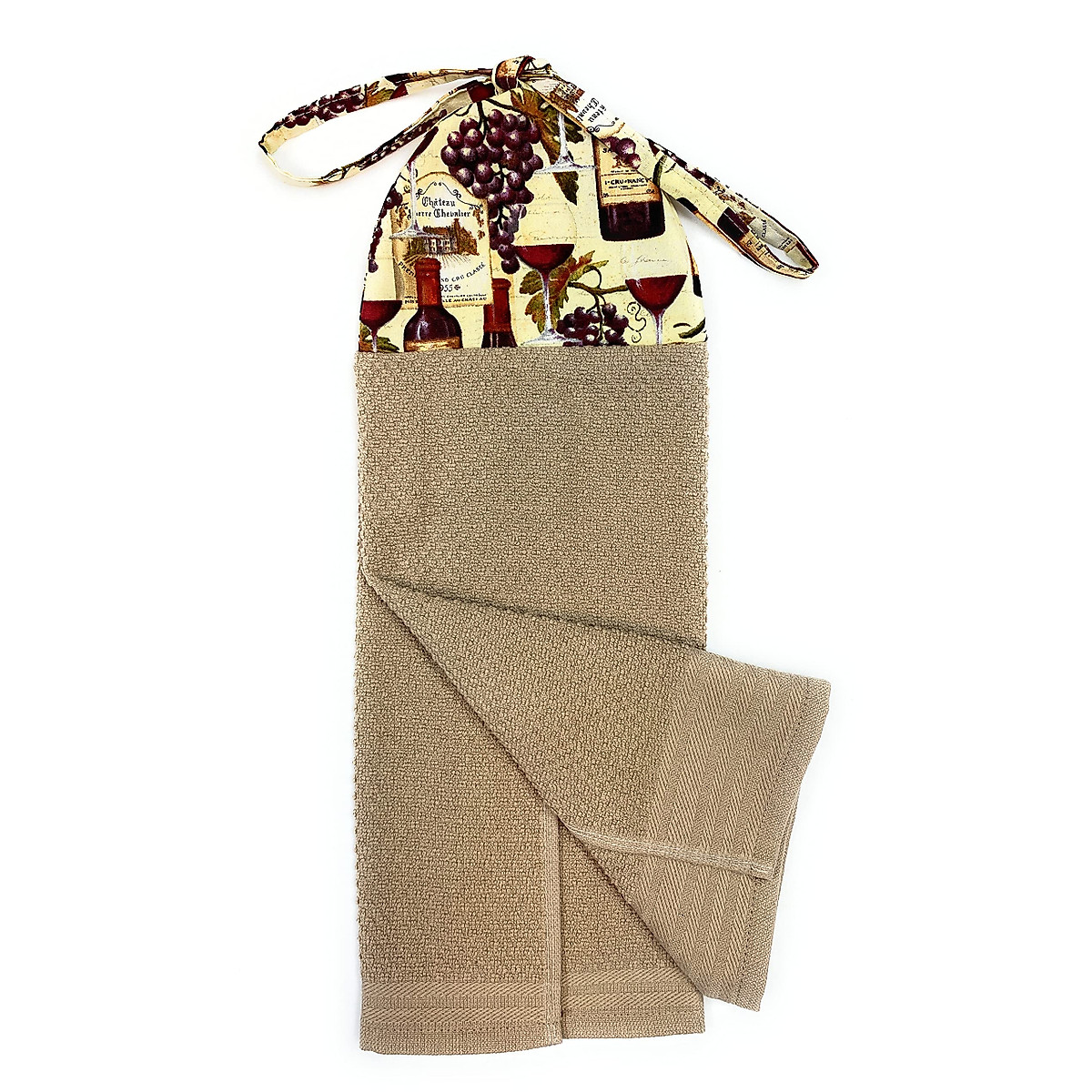 Wine Bottles Glasses and Grapes Ties On Stays Put Tan Kitchen Bathroom Hanging Loop Hand Dish Towel She Who Sews