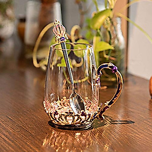 SWTHONY Glass Tea Cup Mug with Spoon European Style Carved Flower Glass Coffee Mugs Cups Set Rhinestone Glass Drinking Fancy Tea Cups Mugs Set Birthday Gift for Women Wife Mom Grandma