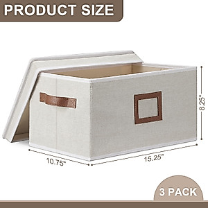 Storage Boxes with Lids, 3 Pack Fabric Collapsible Storage Organizer Container with Leather Handle, 15.25 x 10.75 x 8.25 inch Rectangular Storage Bins Baskets for Shelves Home Nursery, Ivory White