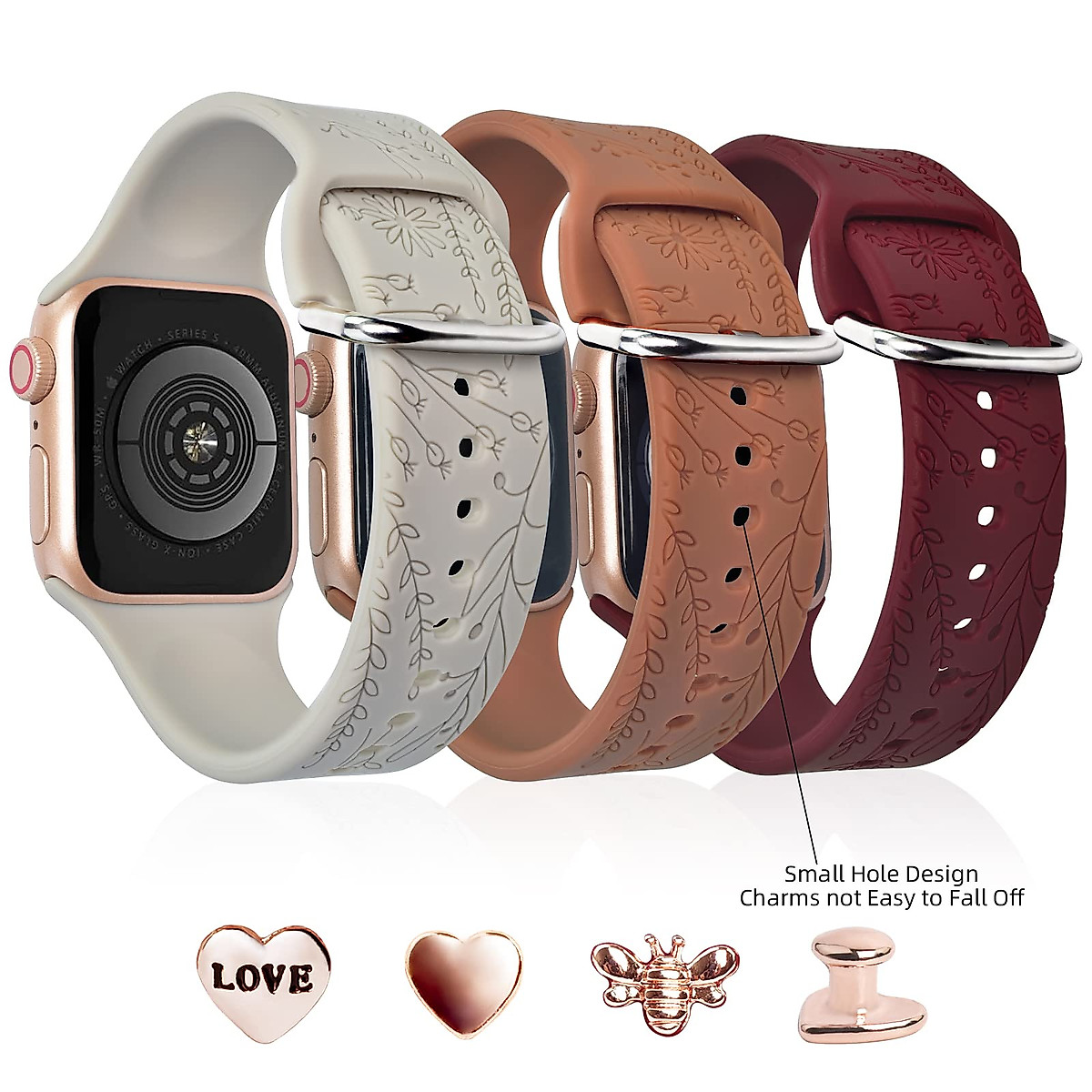 ORATYFAN Floral Engraved Bands with Charms Compatible with Apple Watch Bands 38mm 40mm 41mm, Soft Sport Silicone Wristbands Women Flower Replacement Strap for iWatch Bands Series SE 8 7 6 5 4 3 2 1