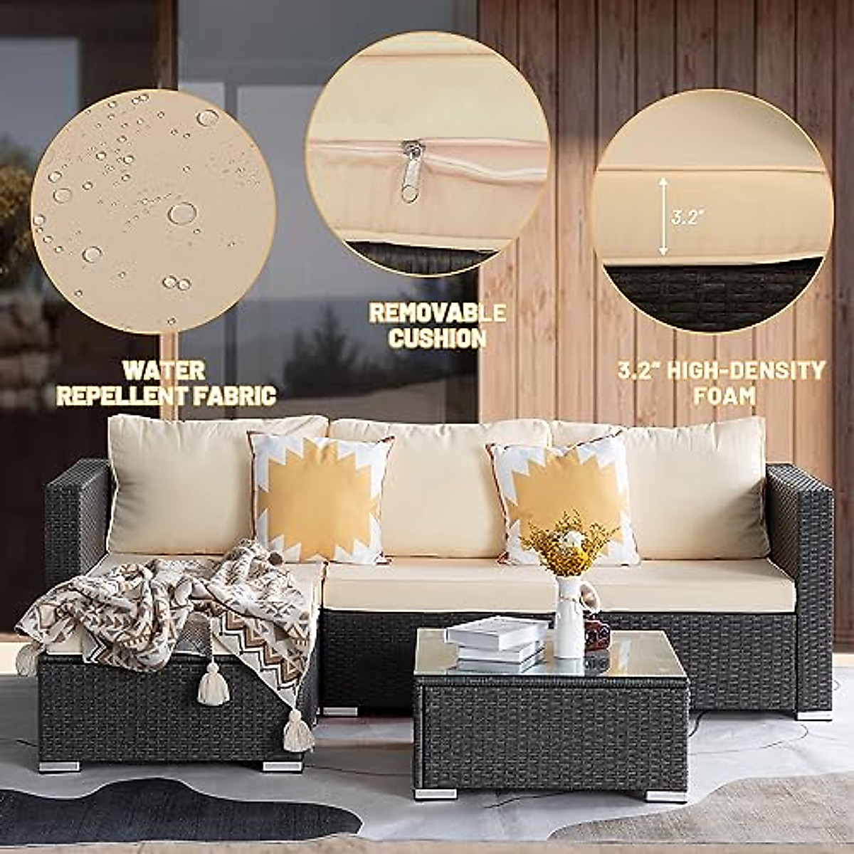 PAOLFOX 5 Piece Patio Furniture Sets,Patio Conversation Sets,Wicker Patio Furniture,Rattan Outdoor Furniture,Patio Sofa,Deck Furniture Brown/Beige