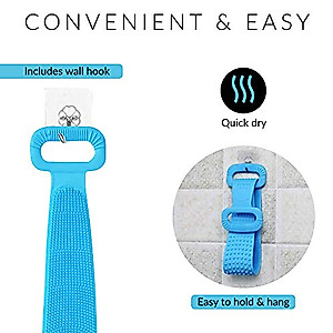 Exfoliating Back Scrubber, Silicone Body & Back Scrubbing Brush for Acne Sweat Blackheads, Double Sided Cleaning Shower Strap, Silicone Scrubber Belt for Bath & Shower, Extra Long Length 30” (Blue)