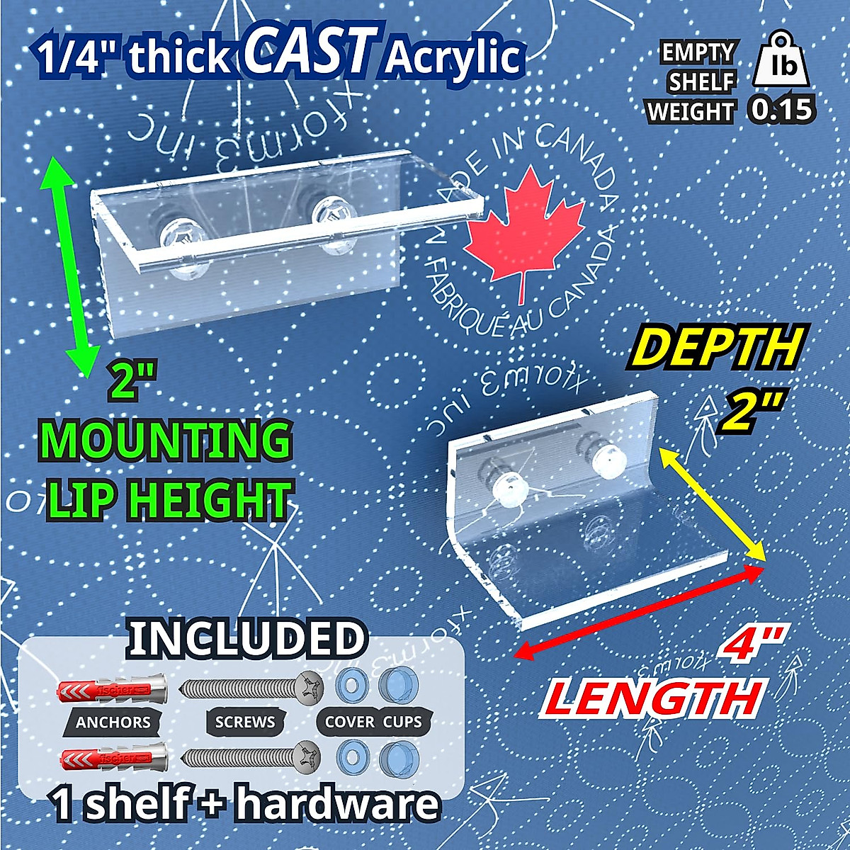 Xform3 4 inch Long, Floating Shelf, Clear Acrylic, Customizable! (2" deep)