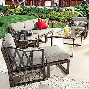 PatioFestival Patio Ottoman Outdoor Cushioned Wicker Foot Stool with All Weather Galvanized Steel (Grey, 23.6" W x 23.6" D x 13.7" H)