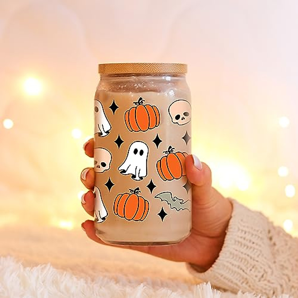 Coolife Halloween Pumpkin Ghost Skull Cups - 16 oz Pumpkins Fall Cup Mug, Can Shaped Tumbler Glass Cups w/Bamboo Lids Straws, Halloween Spooky Cups for Iced Coffee Smoothie, Goth Spooky Gifts for Her