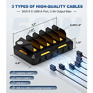 Charging Station for Multiple Devices, Honcila 6 in 1 Multi Charger Station Charging Dock for Cellphone Tablet iPhone iPad and More - 50W Charging Station Organizer with 6 Mixed Charging Cables