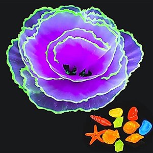 Livfodrm Aquarium Decorations Fish Tank Decor Glowing Coral Ornaments, 1pc Purple Silicone Flower Plants and 10pcs Sea Shells/Stone Glow in The Dark Large Fish Tank Accessories