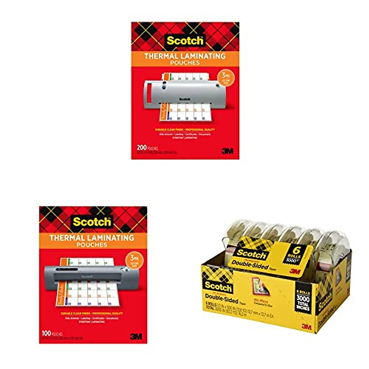 Scotch Thermal Laminating Pouches, 200- Count-Pack of 1, 8.9 x 11.4 Inches, Letter Size Sheets, Clear, 3-Mil (TP3854-200) & Scotch Thermal Laminating Pouches(TP3854-100) & Scotch Double Sided Tape