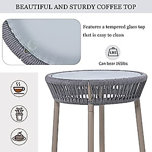 KELRIA Woven Rope Conversation Set, Rattan Couch Sofa Including 2 Single Chairs and Coffee Table, Suitable for Indoor, Outdoor, Balcony, Courtyard, Poolside, Lawn, Backyard, Gray, Gary