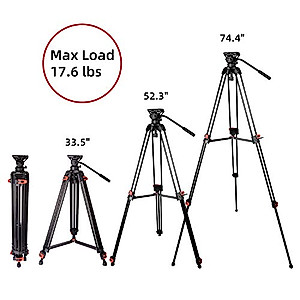 Heavy Duty Tripod, Camera Video Tripod with Fluid Head Aluminum Twin Tube 74.4 inch, Max Loading 17.6 LBS, for Canon Nikon Sony DSLR Camcorder Camera