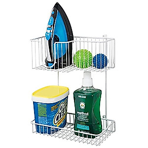 mDesign Metal Wire Wall Mount Laundry Room Storage Organizer, 2 Levels - Large Basket Holds Iron, Lower Shelf Holds Laundry Detergent, Fabric Softener, Stain Remover - White
