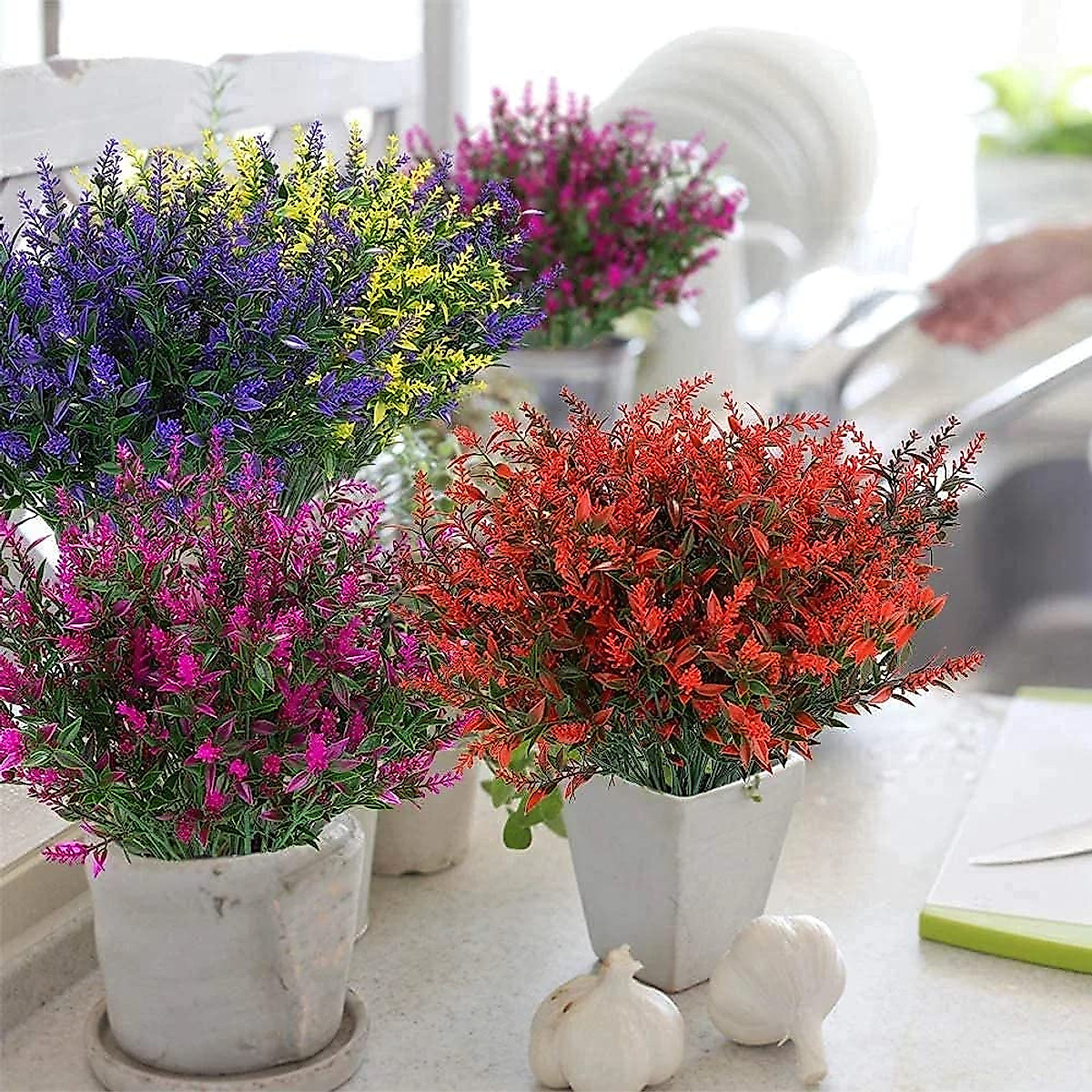 8 Bundles Fall Artificial Flowers Outdoor Lavender Fake Flowers UV Resistant Faux Plastic Plants No Fade Greenery Bushes for Garden Front Door Porch Window Box Walkway Patio Home Farmhouse Decor
