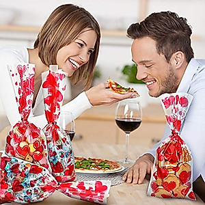 100 Pieces Valentines Day Cellophane Treat Bags Heart Cello Gift Bags Love Candy Goodies Cookie Bags with 200 Pieces Twist Ties for Wedding Holiday Valentine Party Favors Supplies