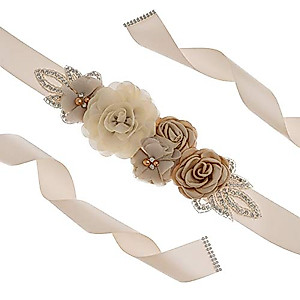Lauthen.S Sash Belt with Flowers Pearls Rhinestone for Wedding Bride/Baby Shower Dress (One Size, Khaki)
